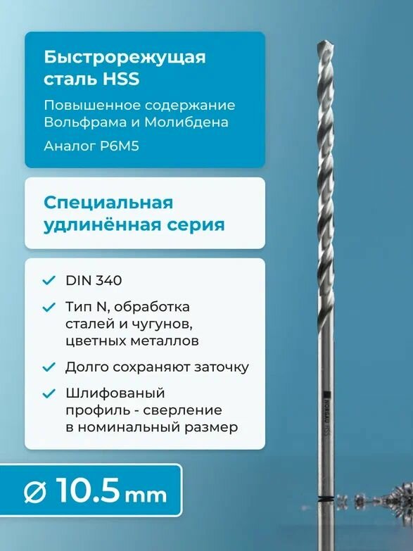 Сверло по металлу 10.5 мм NORGAU Industrial HSS удлинённое, шлифованное, с центрирующей подточкой перемычки, правое, DIN 340