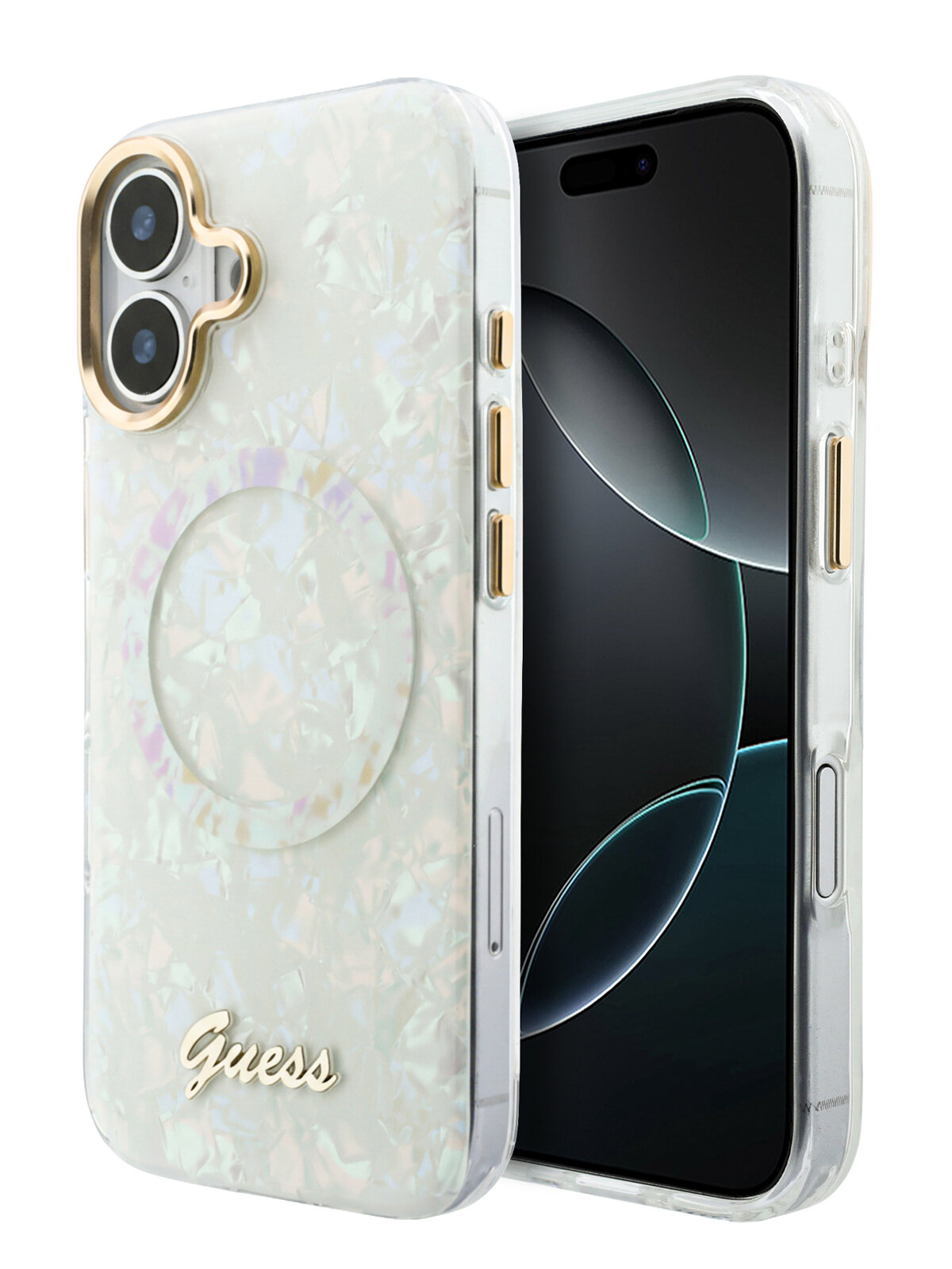 Чехол Guess на iPhone 17, с магнитами MagSafe, с принтом IML Pearl, белый