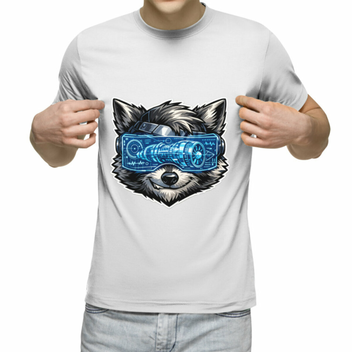 Мужская футболка «Кибер-Волк Техно-Визор - Cyber Wolf» (белый, L)