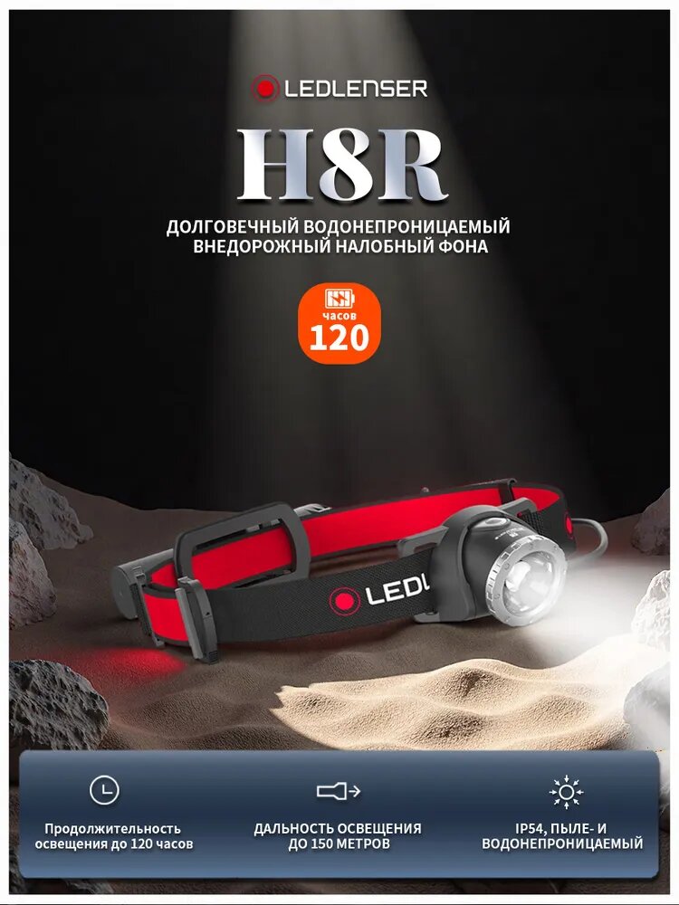 Налобный фонарь LED Lenser H8R черный перезаряжаемый с дальностью освещения 150 метров