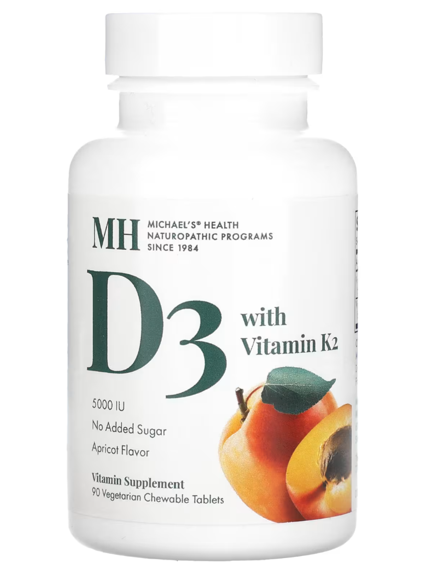 Жевательные таблетки Michael's Naturopathic D3+K2, с абрикосовым вкусом, 5000мкг, 90шт