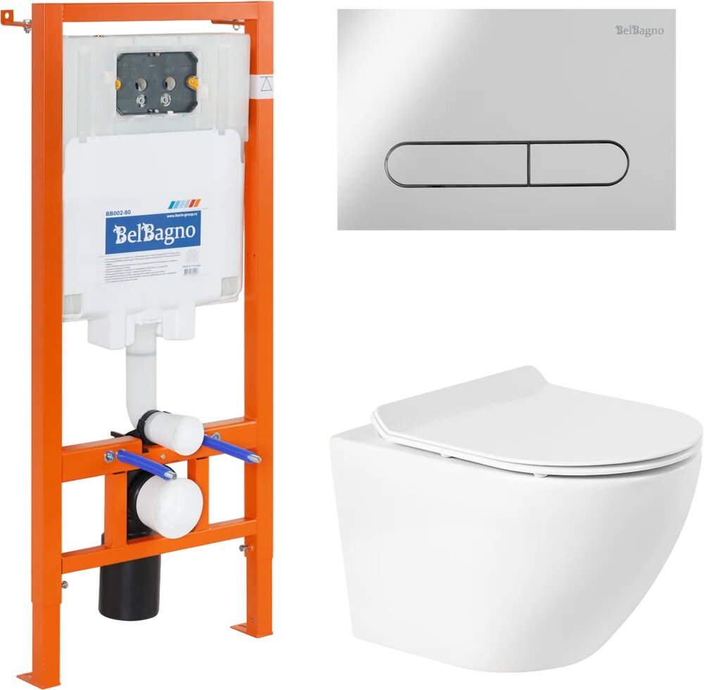 Комплект Унитаз подвесной BelBagno Sfera-r BB046CHR безободковый, крышка BB2111SC, инсталляция BB002-80 с кнопкой BB005-PR-CHROME