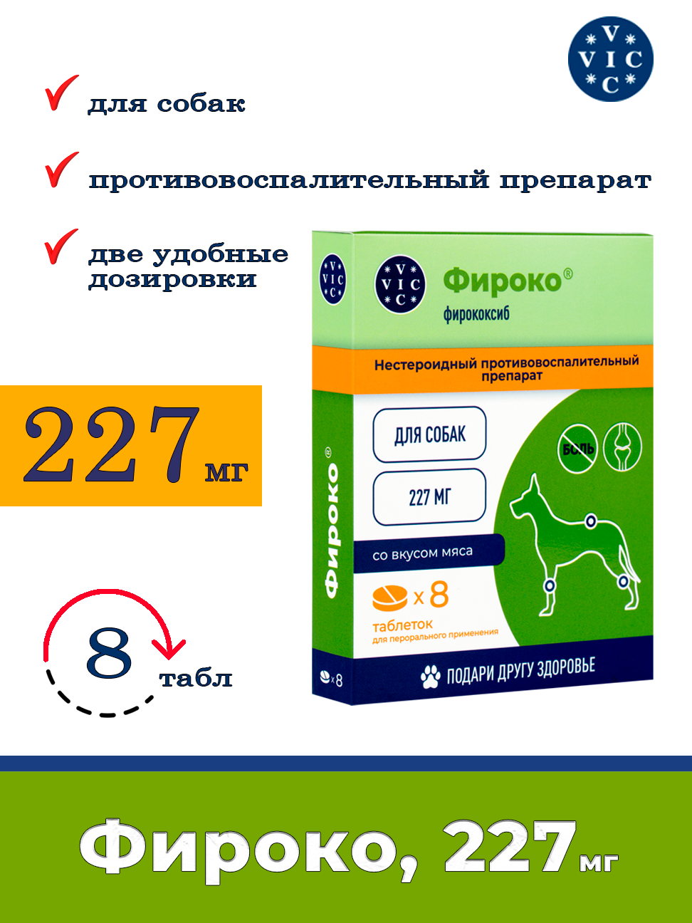 Фироко 227 мг, 8 шт, таблетки, противовоспалительный, жаропонижающий препарат для собак, VIC