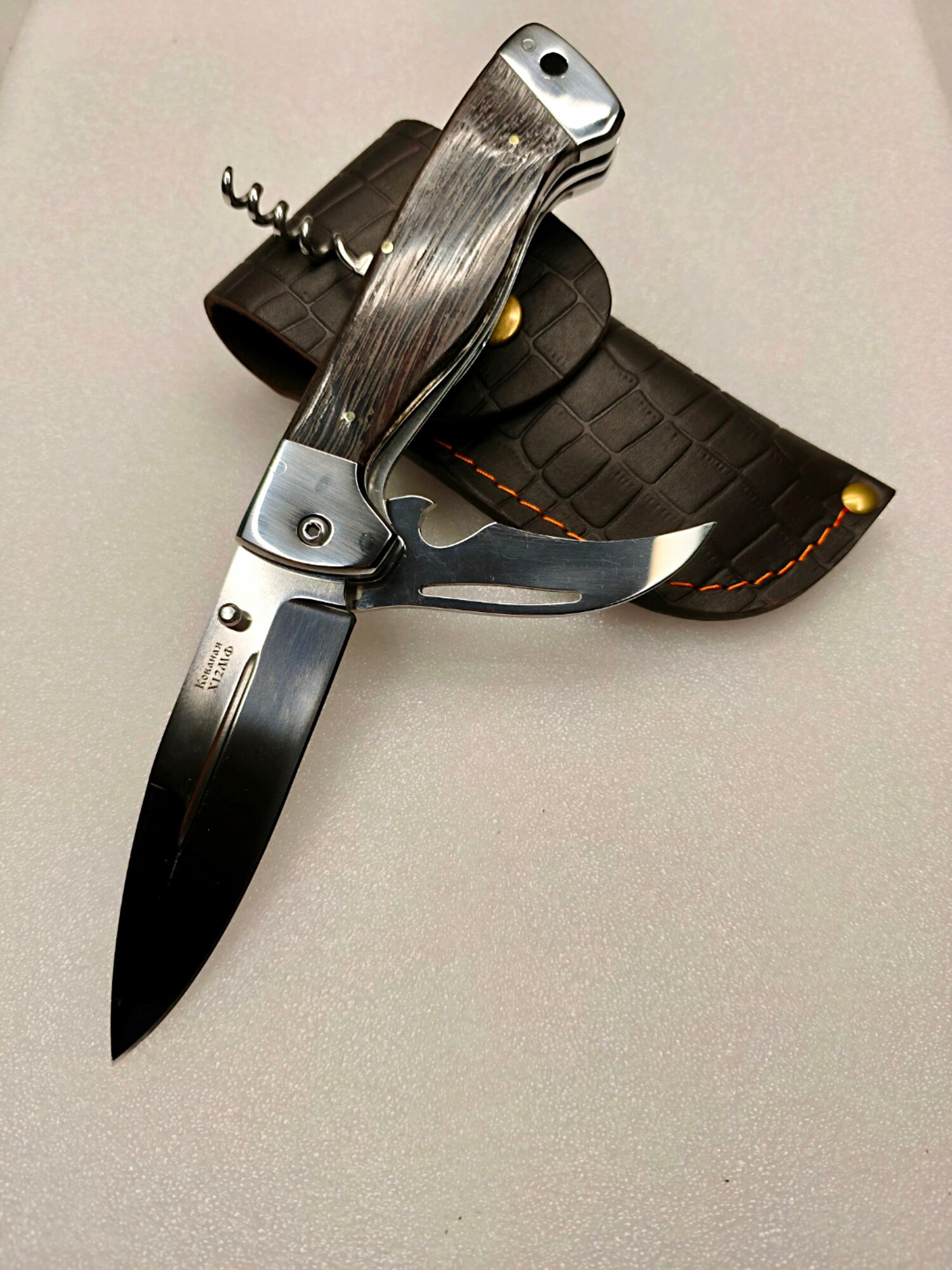 Нож складной Гроссмейстер Кованая Х12МФ длина 25см ручная работа ножны натуральная кожа в комплекте