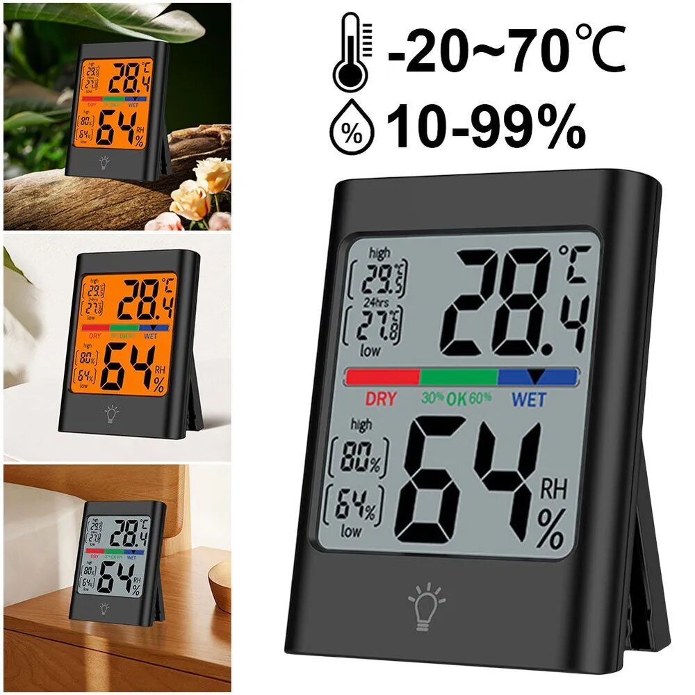Электронный термогигрометр для indoors с подсветкой, магнитным креплением и цифровым дисплеем, чёрный