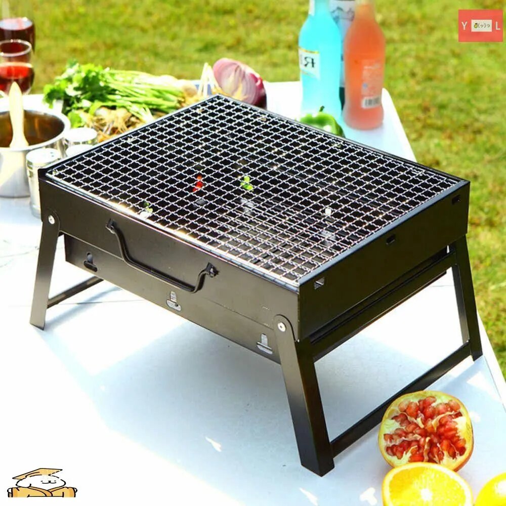 Складной мини-гриль барбекю из нержавеющей стали 35x27x20см для пикника на углях, черный
