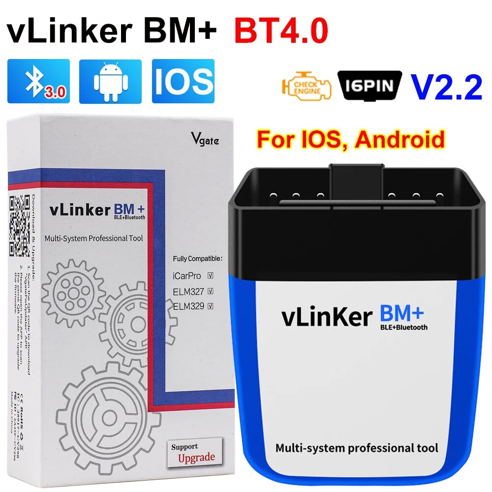 Vgate vLinker BM+ V2.2 ELM327 OBD-сканер Bluetooth 3.0/BT 4.0 OBD2 Автомобильные BT4.0 IOS Android