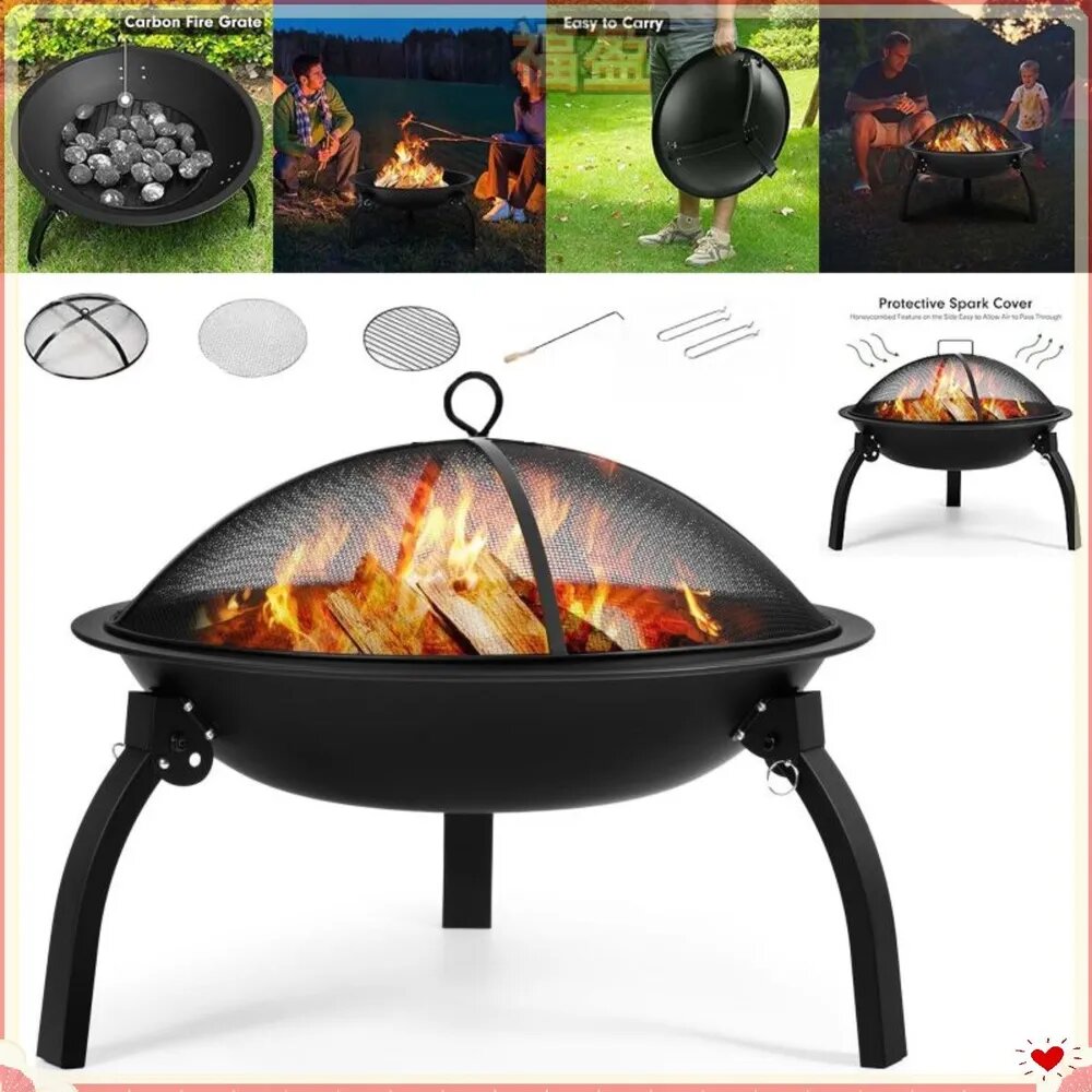 Печь-камин Напольная установка для дачи, пикника. Костровая чаша круглой формы, сталь, черный цвет