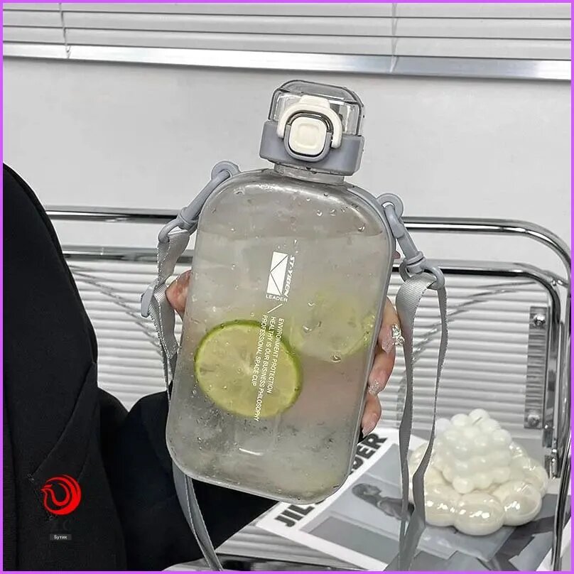 Фляга для воды 750 мл, прозрачная, серая, с ремешком, для спорта и путешествий