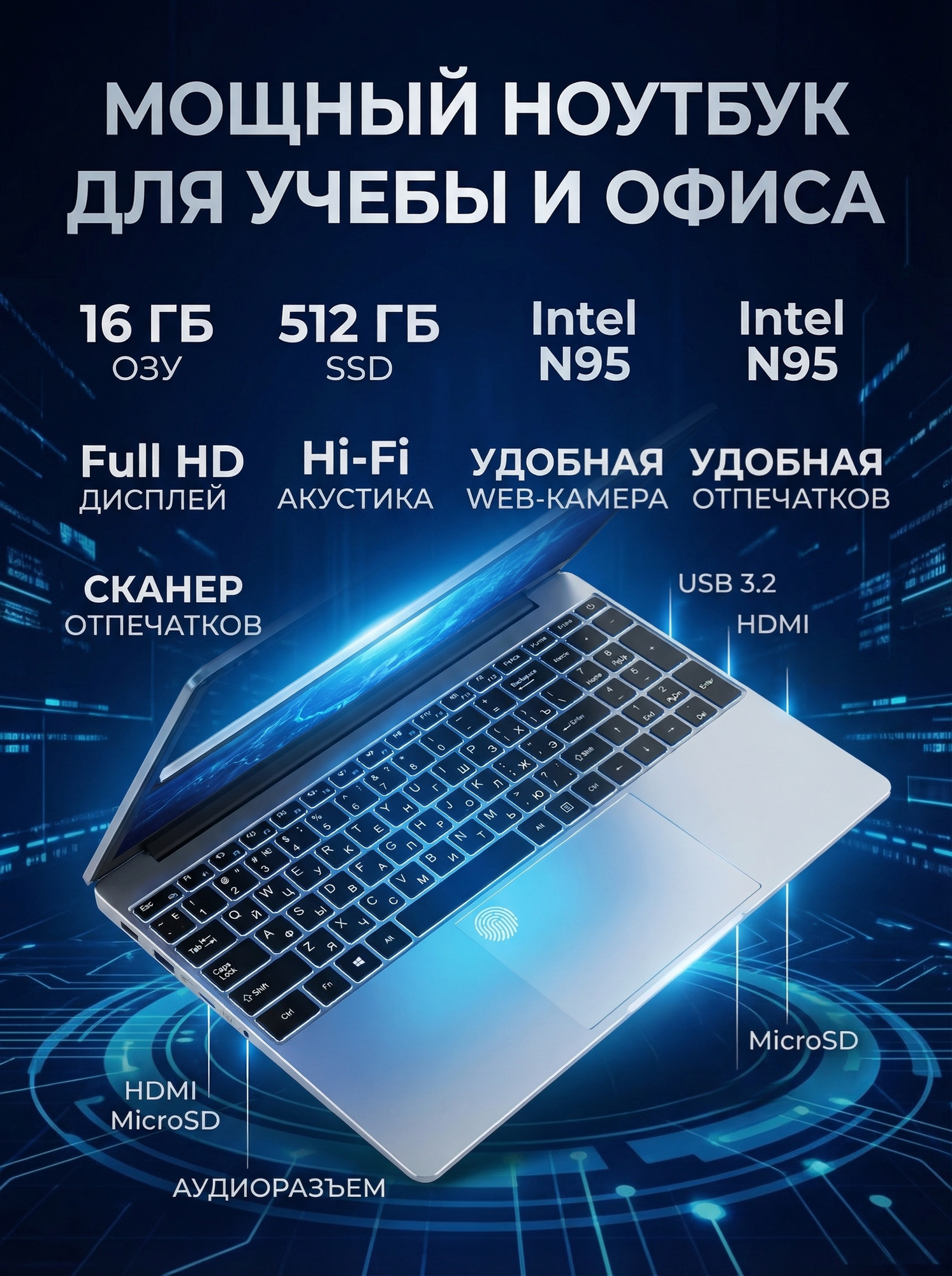 15.6" Ноутбук Intel N95, для работы и учебы, Notebook, RAM 16 ГБ, SSD 512ГБ, IPS , цвет Mid Gray, русская раскладка