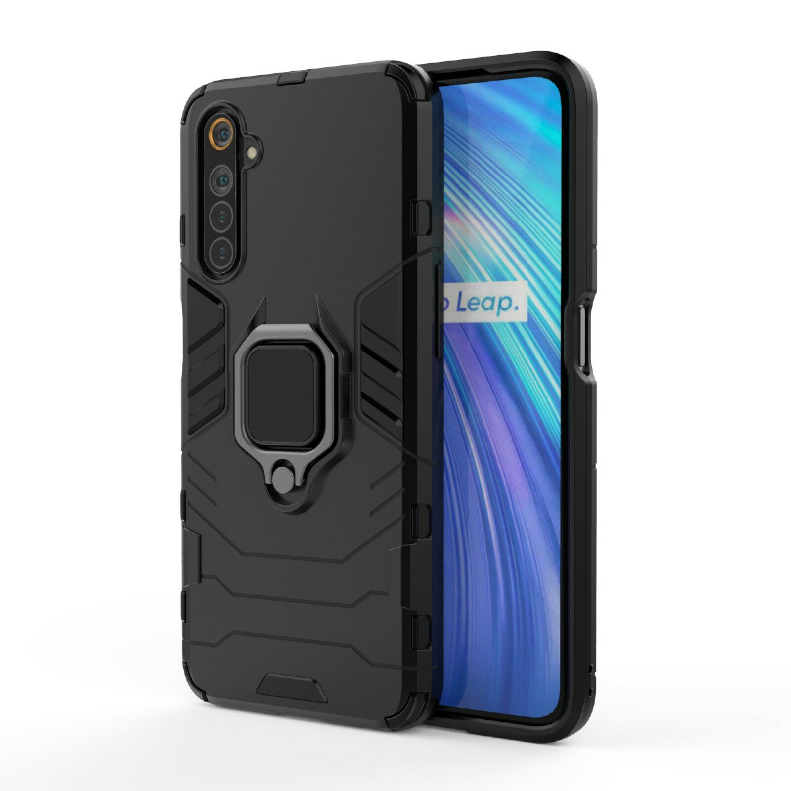Чехол-бампер MyPads для Realme 6 черный ударопрочный с кольцом-подставкой