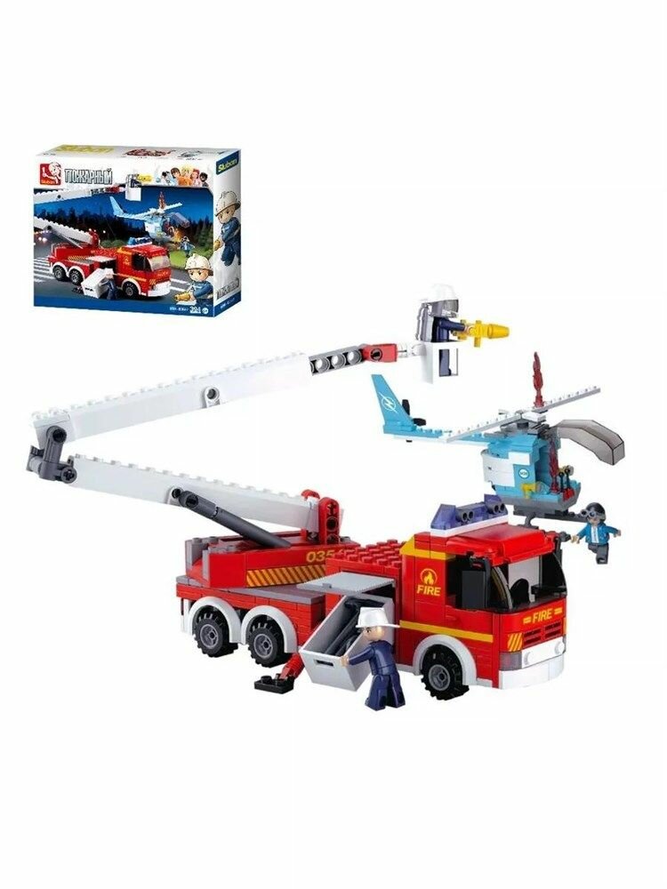 Конструктор SLUBAN 394 деталей "Пожарная машина, вертолет" 3 фигурки, инструменты