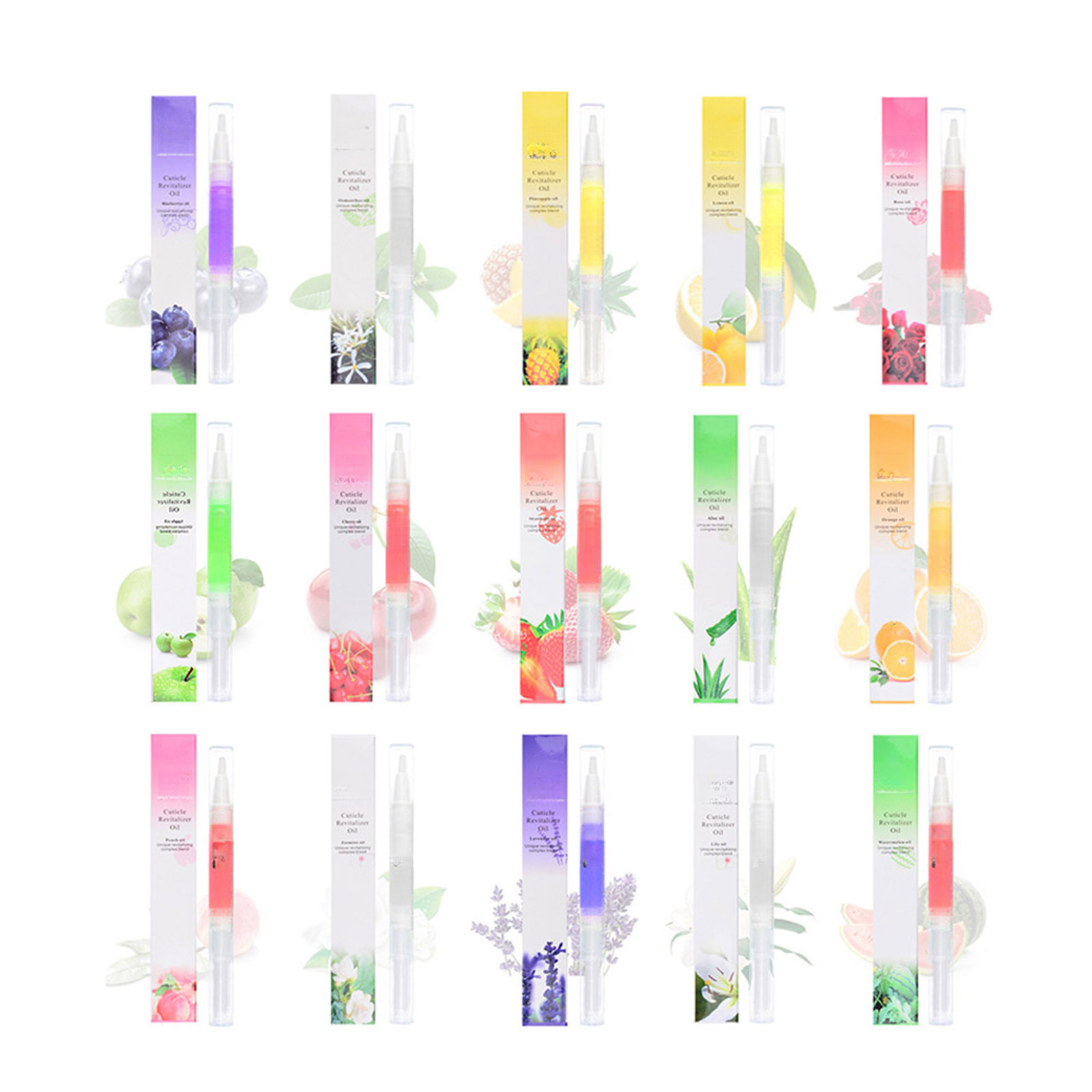 15 ШТ Коректор кутикулы для ногтей Пенал с питательным маслом для маникюра Бороздка кутикула Материал Пластик Цвет Многоцветный Аромат #2(Зеленое яблоко Алоэ Роза Персик Апельсин Лилия Ананас жасмин Лаванда Клубника Черника Osmanthus Водянойmelon Лимон