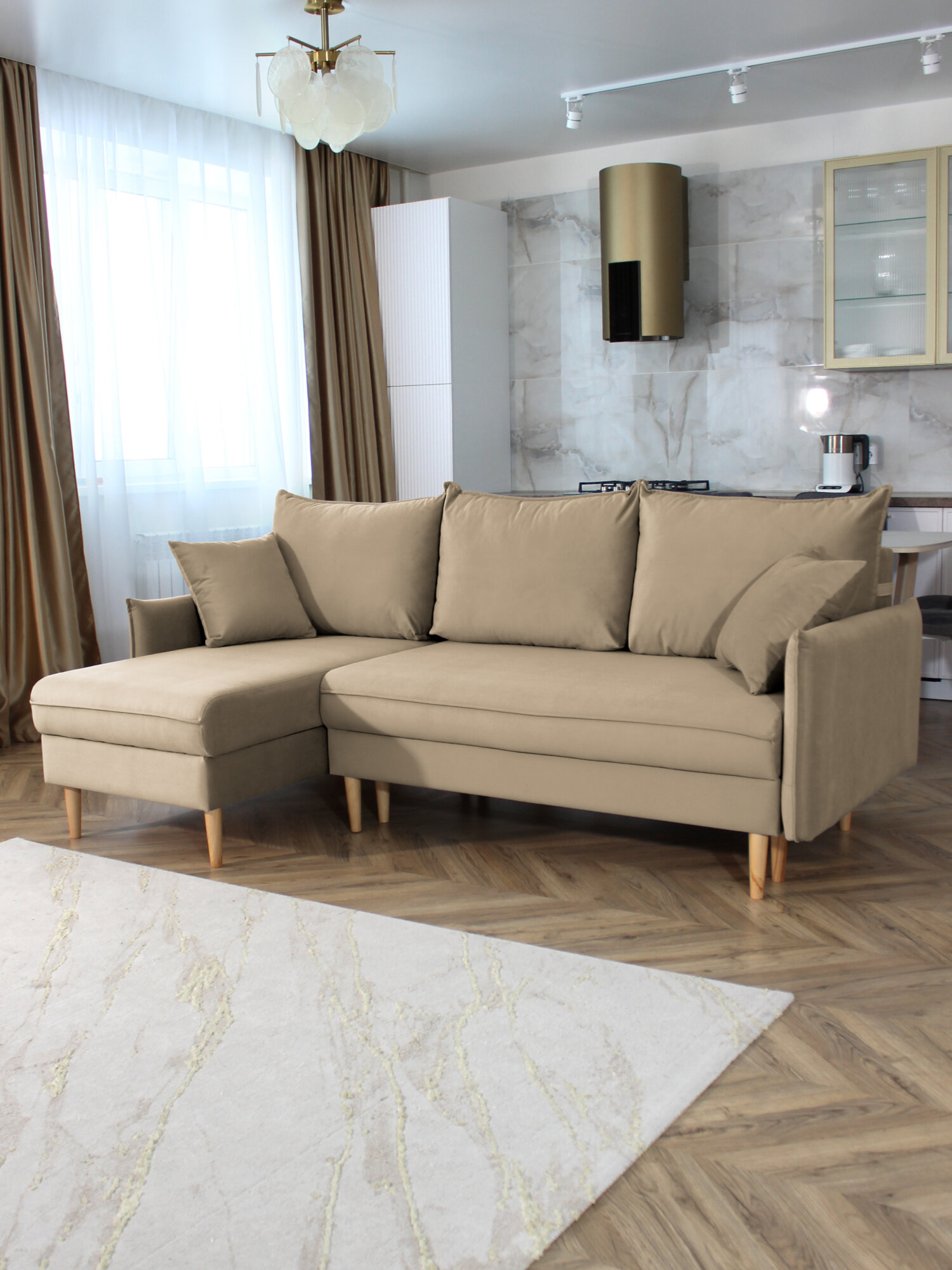 Диван-кровать угловой Фьорд с оттоманкой бежевый, левый угол, механизм Тик-так, 216х145х95 см