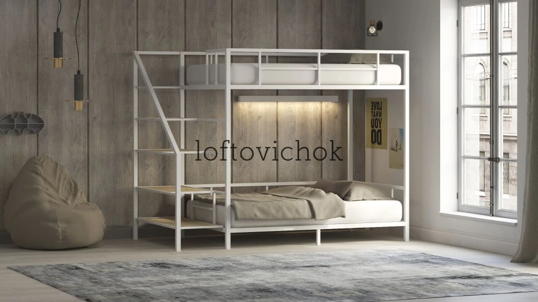 Кровать - чердак двуярусный "Lina" 120*200*190 см белая , металлическая, лофт