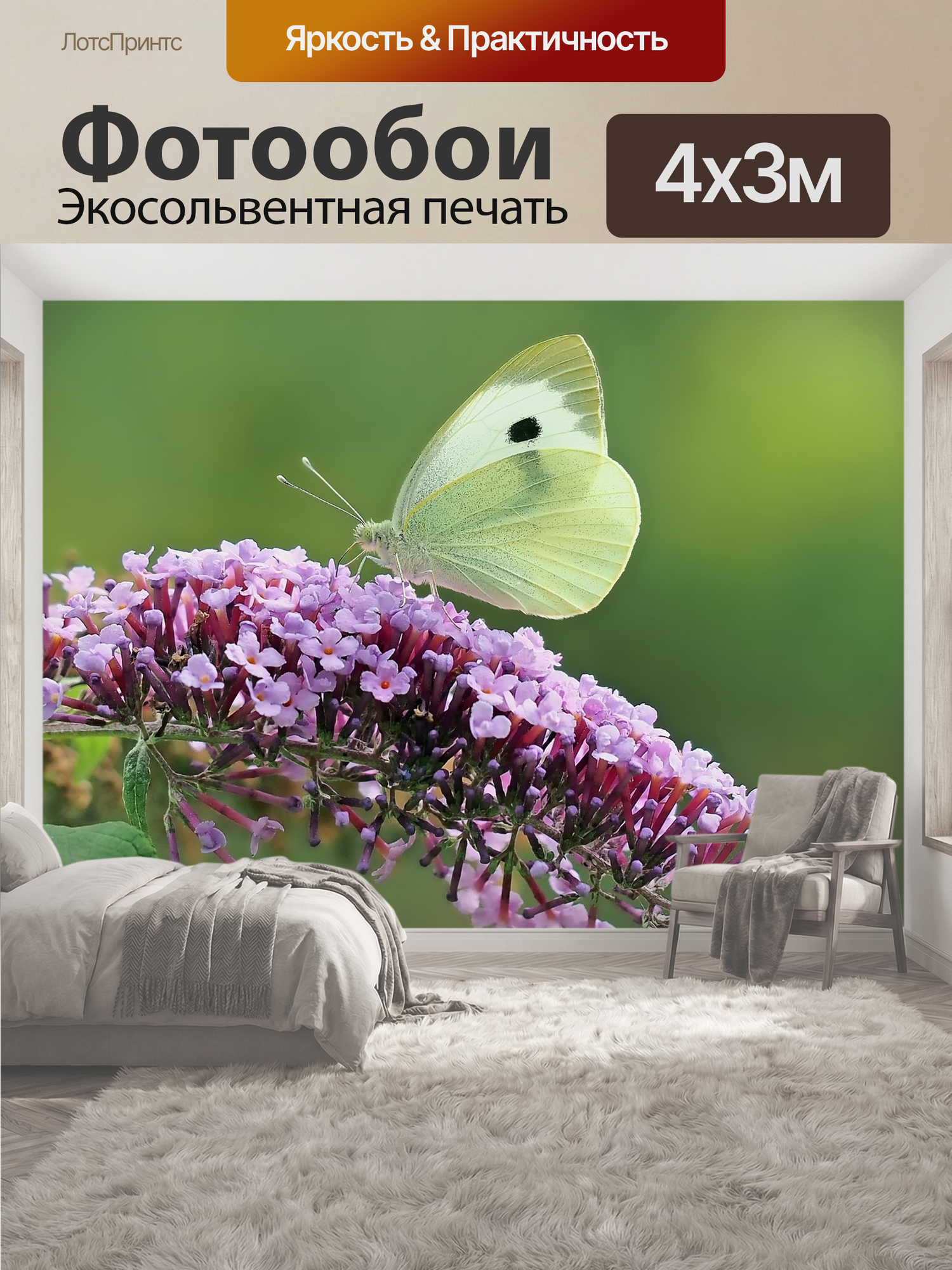 Фотообои "Глаз бабочка, белый, сирень" 400x300 см. экосольвентная печать