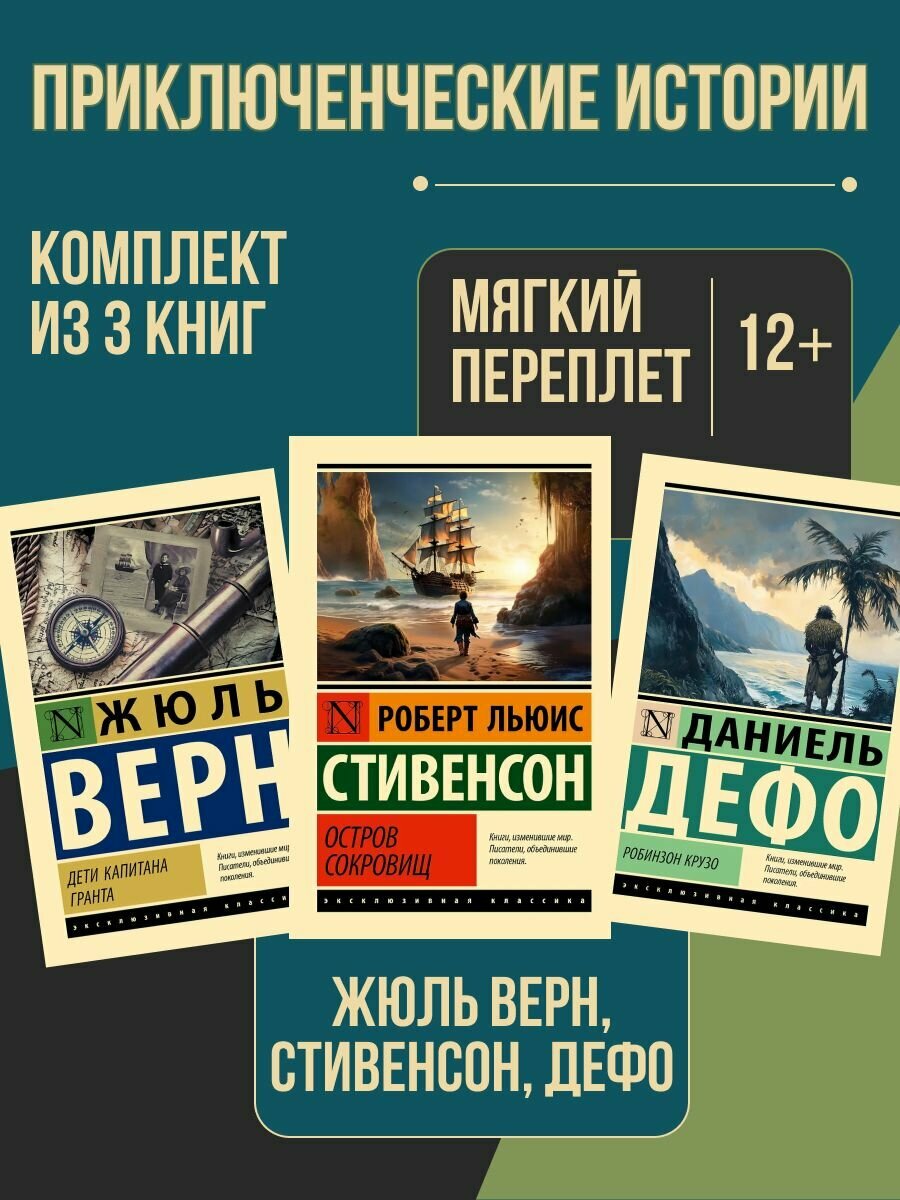 Комплект из 3 книг "Дети капитана Гранта" + "Остров сокровищ" + "Робинзон Крузо"