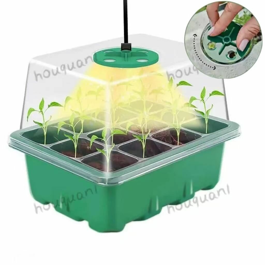 Парник, теплица домиком Умная мини-теплица 2025 с LED-подсветкой (8 диодов) 12 ячеек + автовентиляция Для микрозелени/рассады/цветов 0.18х0.14х0.144м, ABS пластик