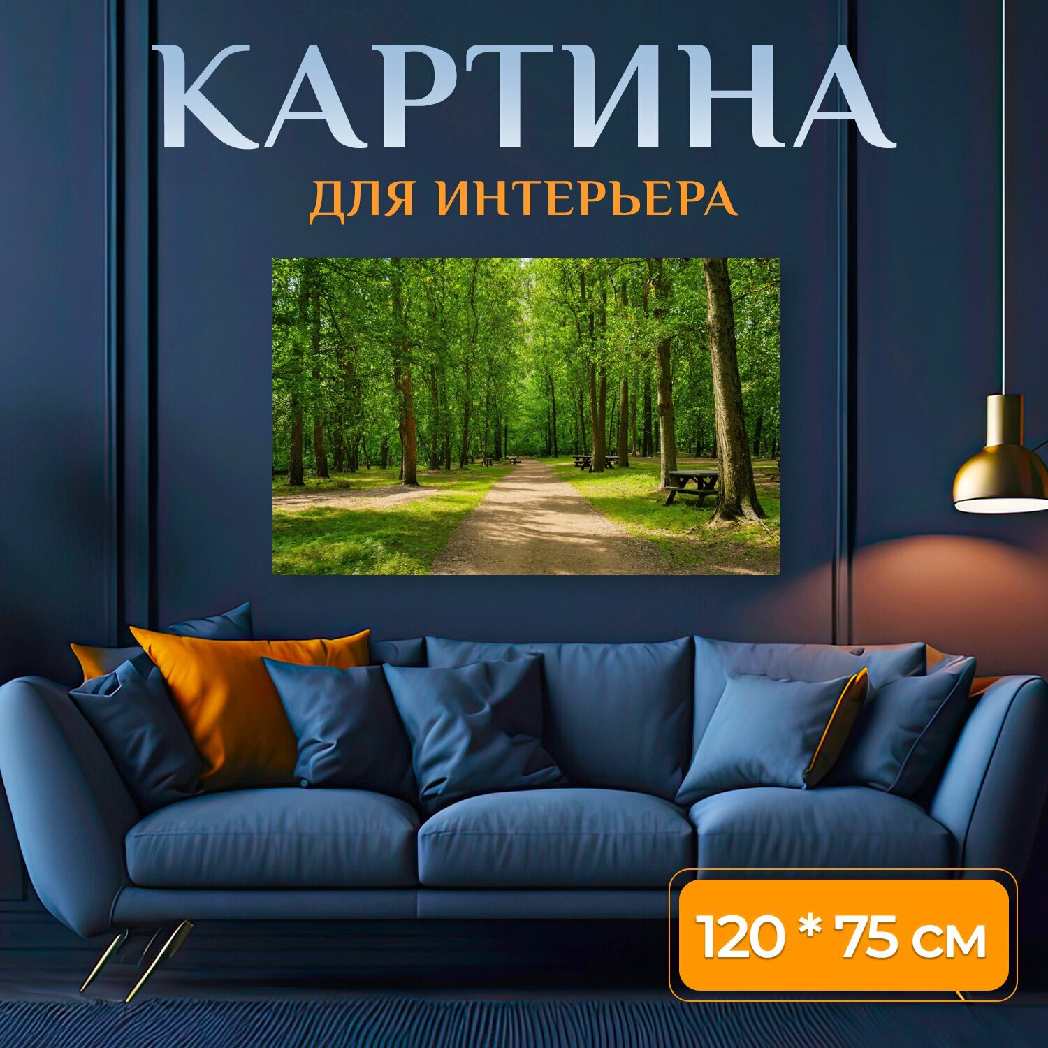 Картина на холсте "Лес с тропинками, ведущими к местечкам для пикника и футболу" на подрамнике 120х75 см. для интерьера