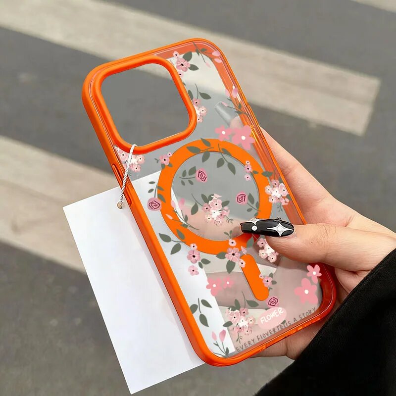 Ультра-прозрачный магнитный круглый чехол с цветочным принтом для iPhone 17 16 Pro Max 15 14 Plus 13 12 11 Air для беспроводной зарядки Magsafe