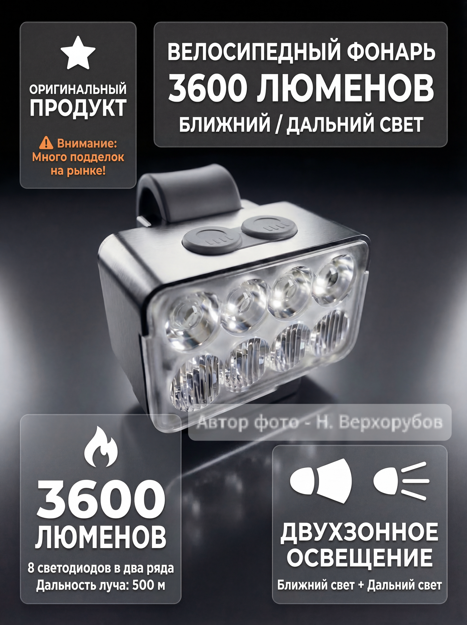 Велофара 3600 люмен с алюминиевым корпусом и защитой IPX6 — ближний/дальний свет, 8 светодиодов, USB-C