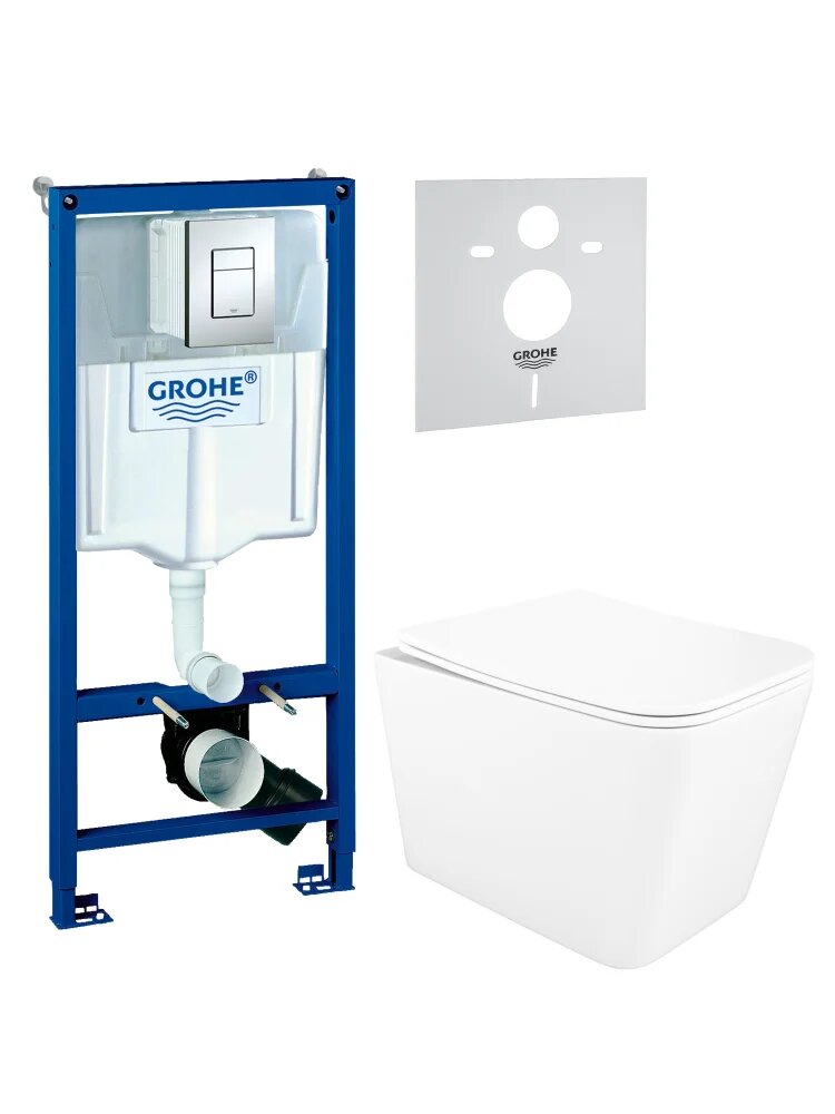 Комплект 5 в 1: Инсталляция Grohe Rapid SL 38772001 / Унитаз подвесной STWORKI Молде S23401WH / Сиденье с микролифтом, Комплект шумоизоляции, Кнопка хром