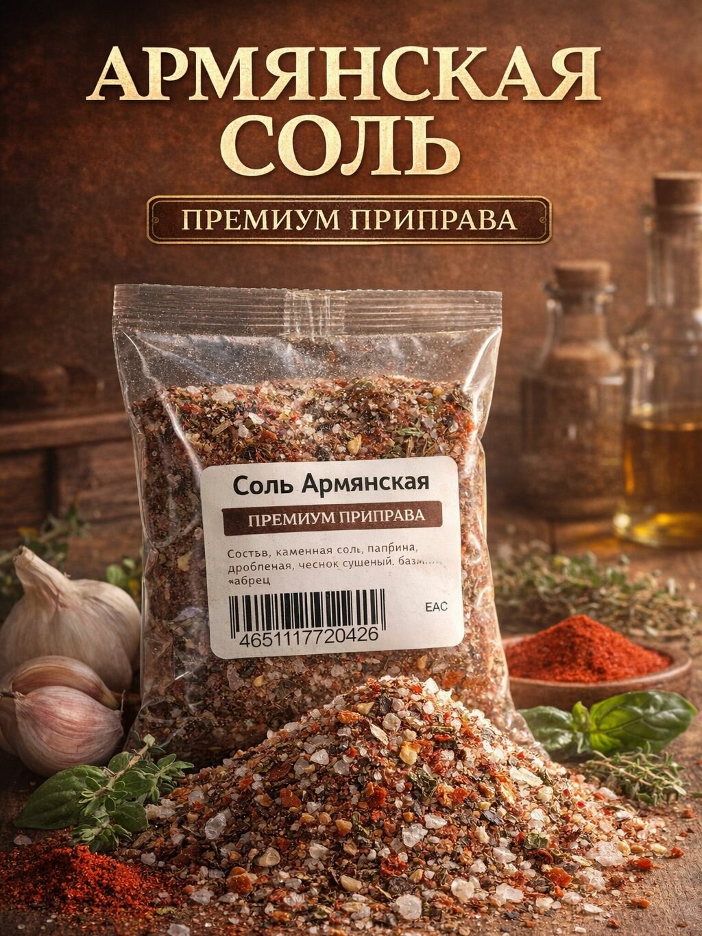 Армянская соль премиум 100г Натуральная приправа для мяса, овощей, шашлыка Паприка, чеснок, базилик, чабрец Без ГМО и добавок