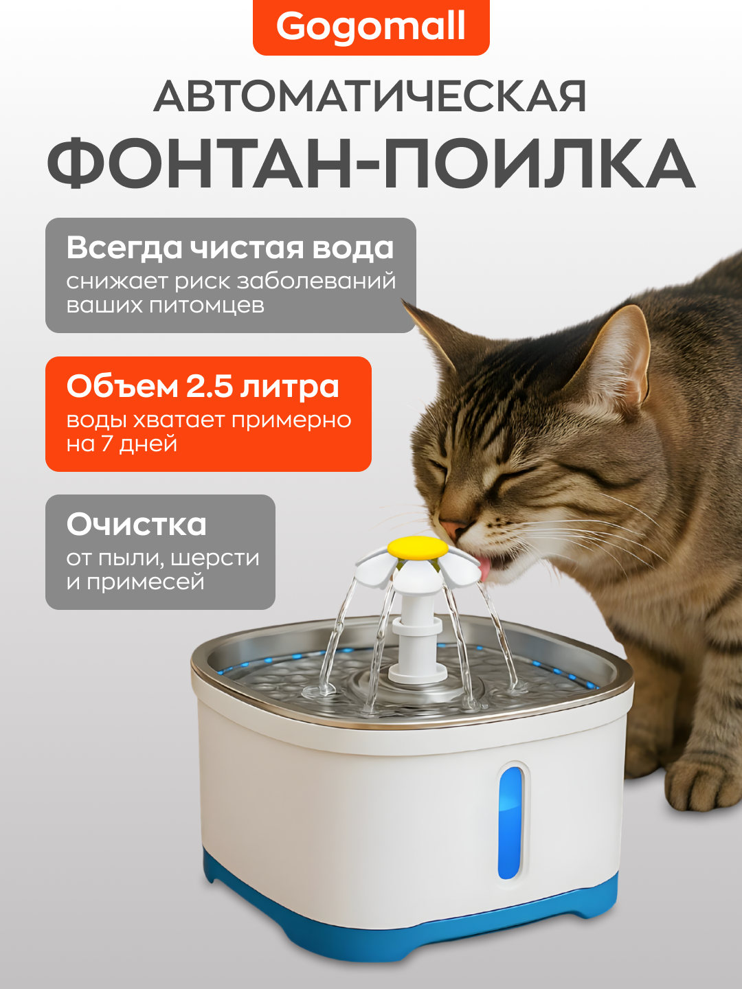 Автоматическая поилка 2,5 л для животных, фонтан для кошек и собак, напольная Led миска(Белая-синяя)