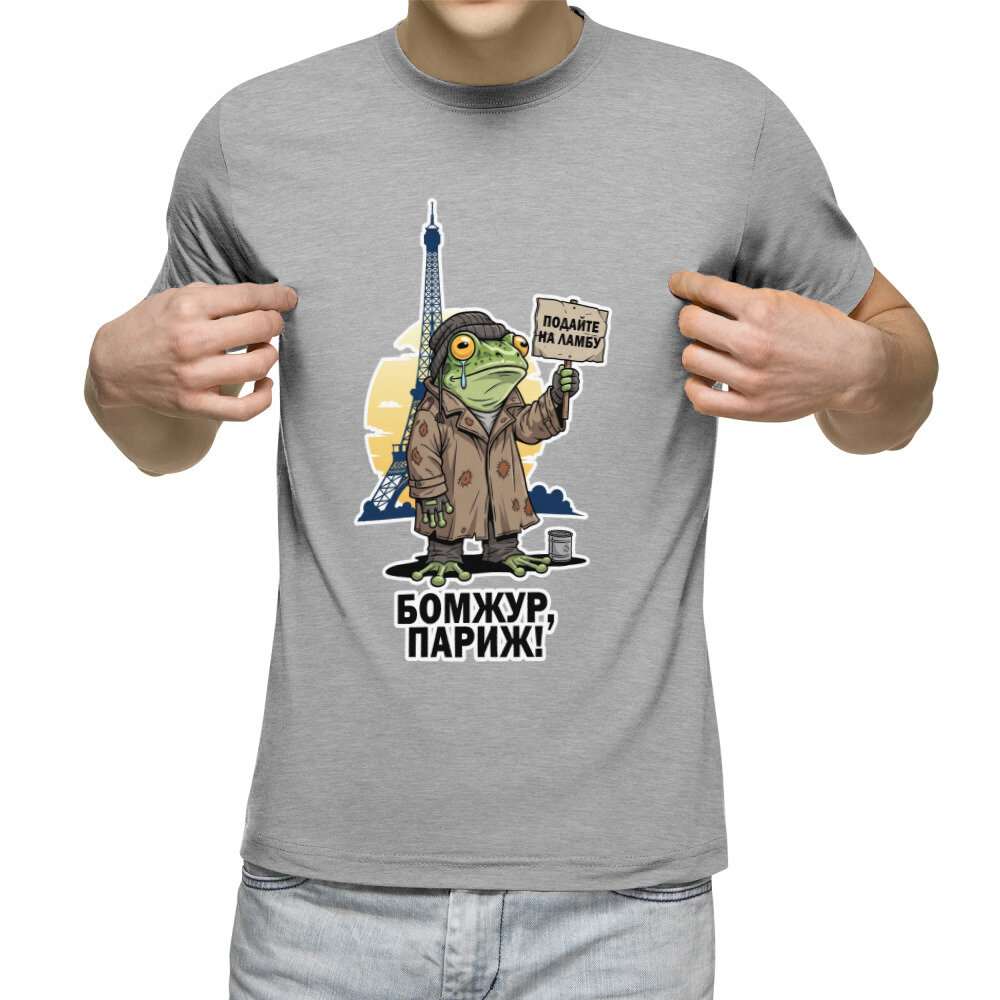 Мужская футболка «Бомжур, Париж. Лягушка у Эйфелевой башни» (серый меланж, 2XL)