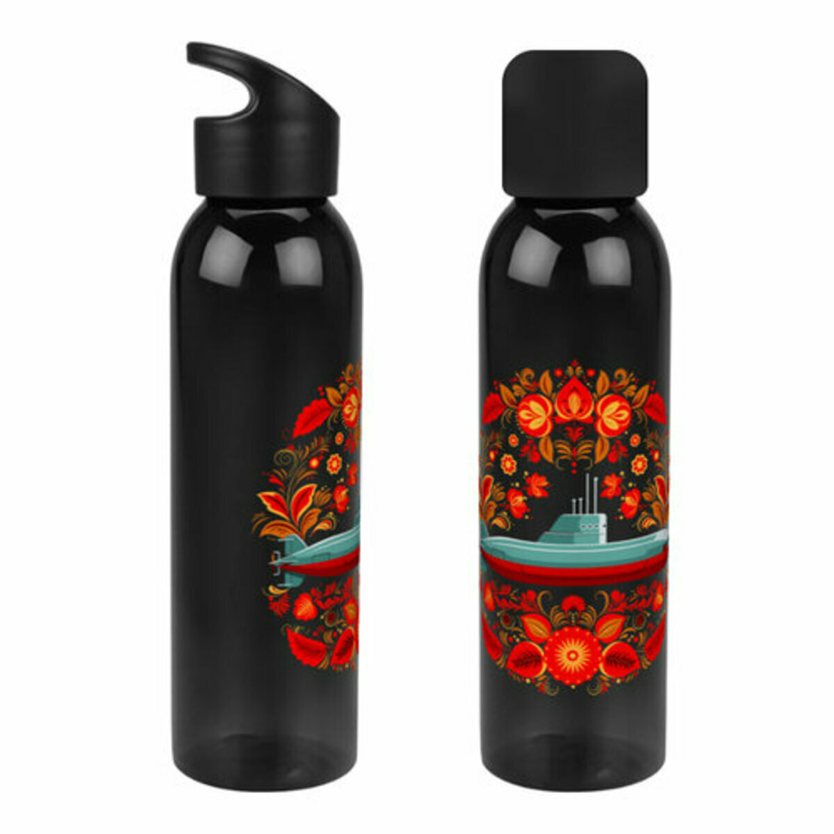 Бутылка для воды «Подводная лодка - хохлома, русский стиль» (черный)