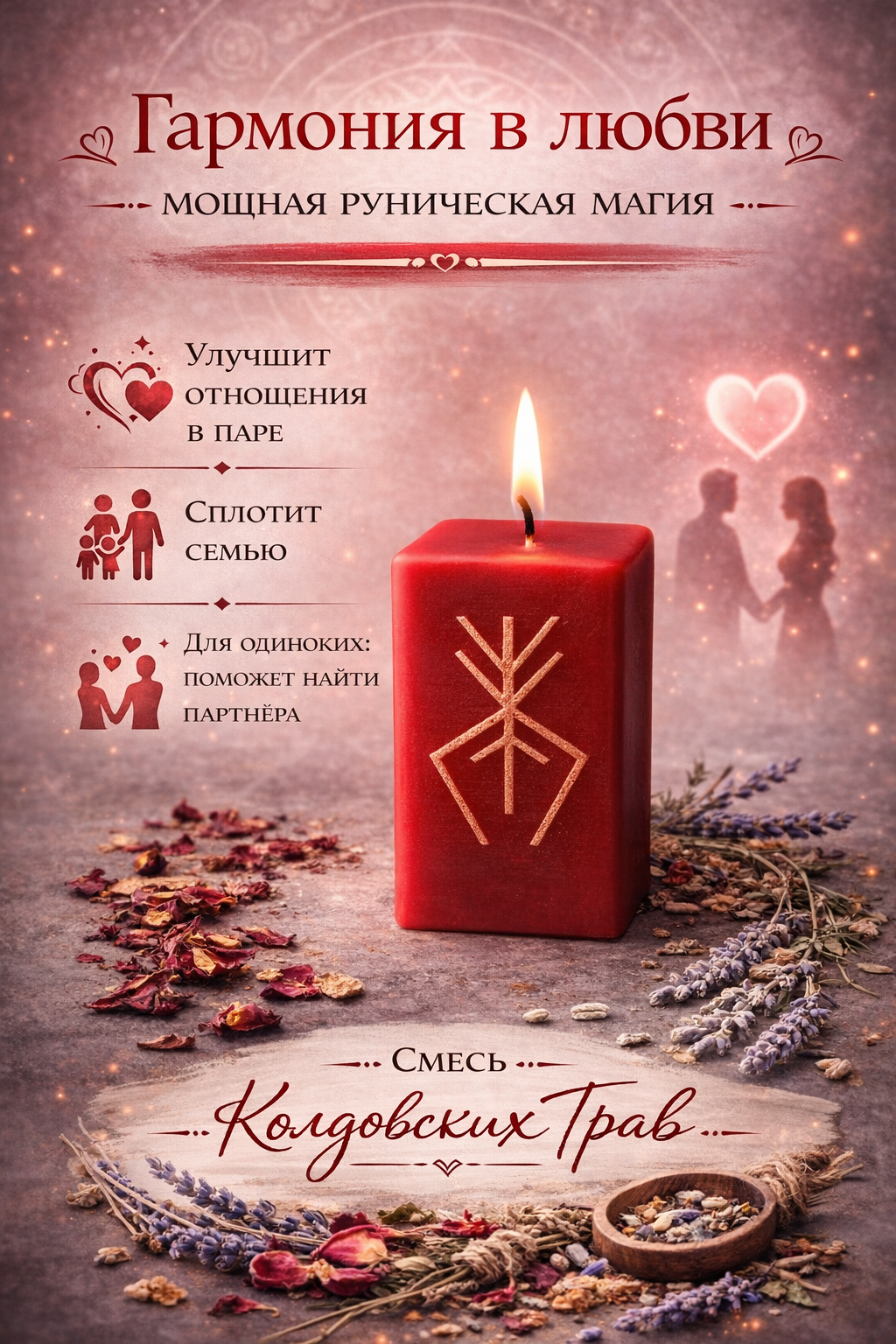 Руническая свеча программная с травами Гармония в Любви. Магические свечи.
