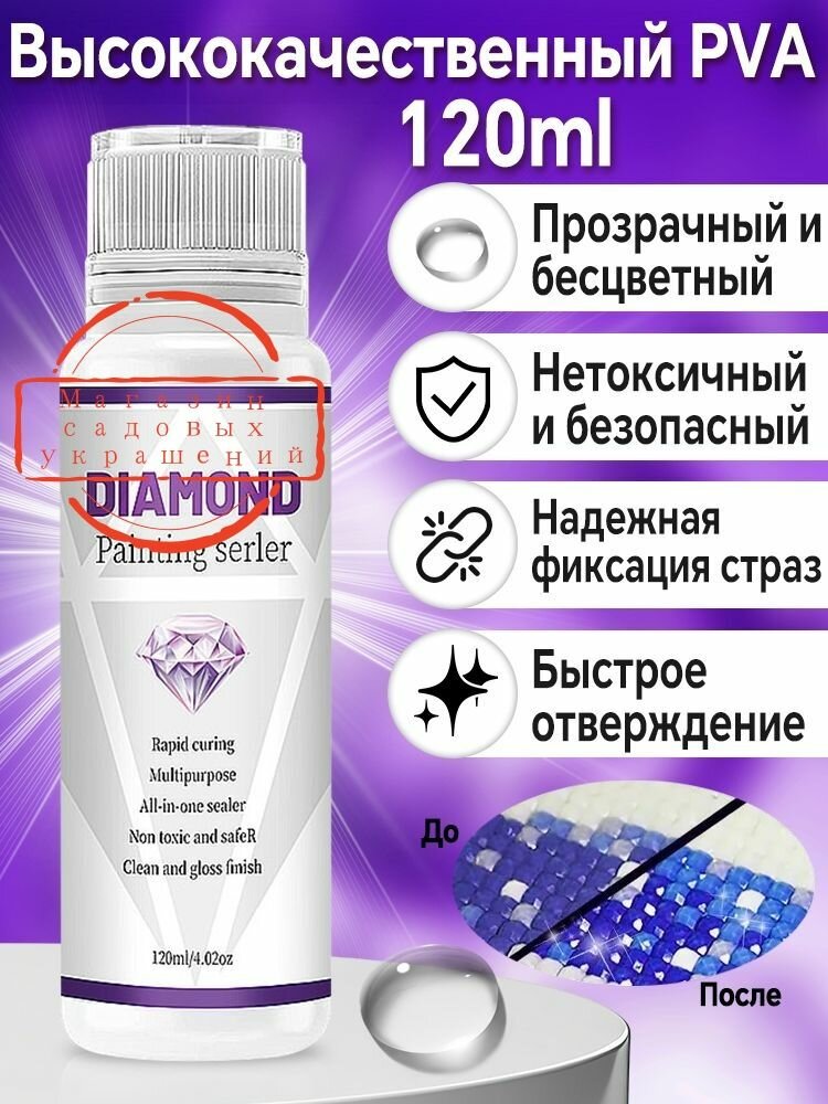 Клей-гель фиксатор для алмазной мозаики, финишный акриловый клей 120 мл/240 мл, прозрачный фиксаж для страз и картин по номерам, фиолетовый флакон
