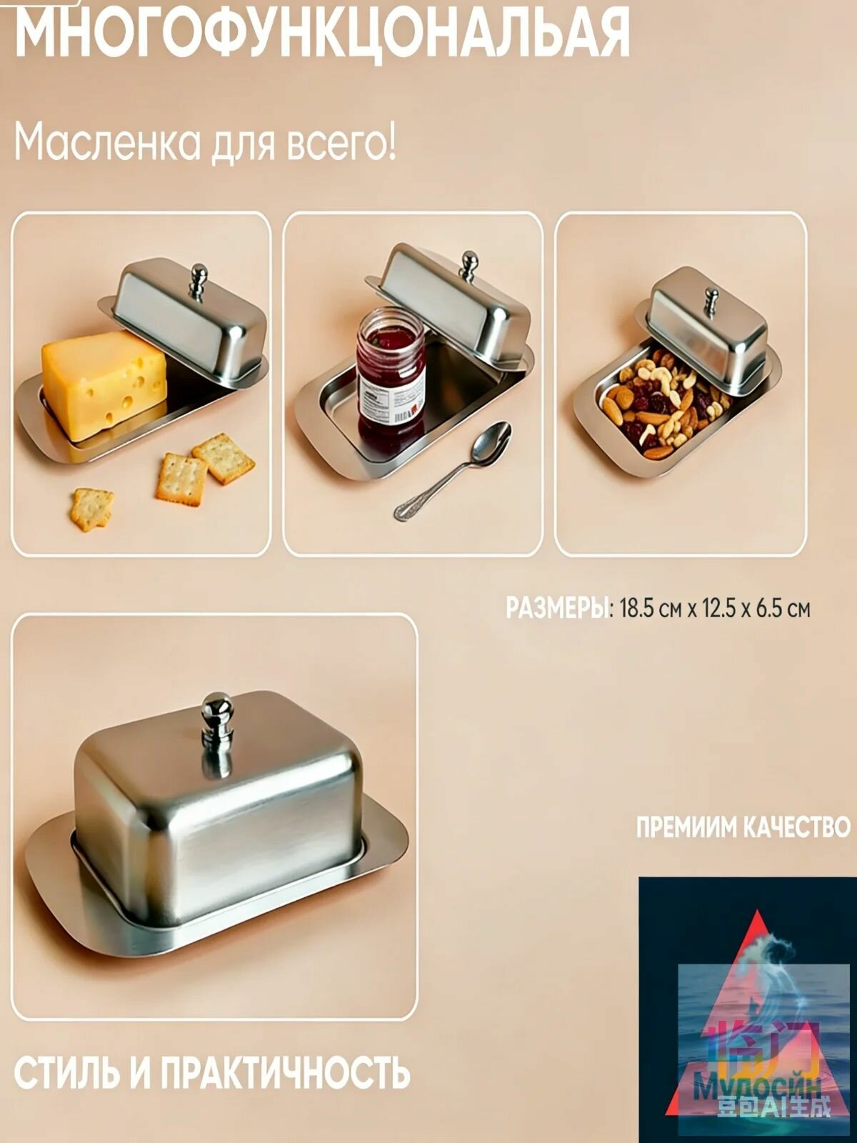 Масленка из нержавеющей стали 250 г, многофункциональная масленка с крышкой, для масла, сыра, джемов, соусов, орехов, премиум качество, стиль и практичность, размер 18.5x12.5x6.5 см