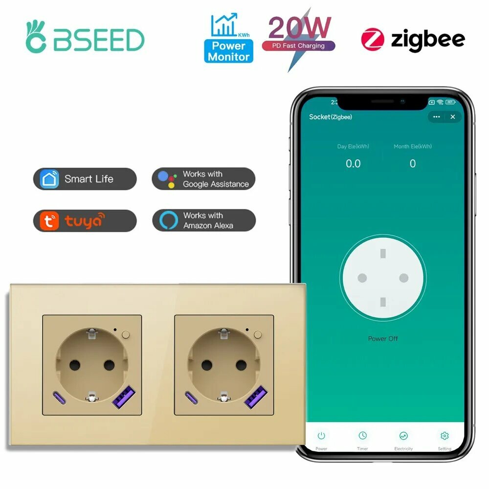 Умная розетка ZigBee E-TOUCH с USB и Type-C портами, мониторинг потребления, стеклянная рамка, 20 Вт