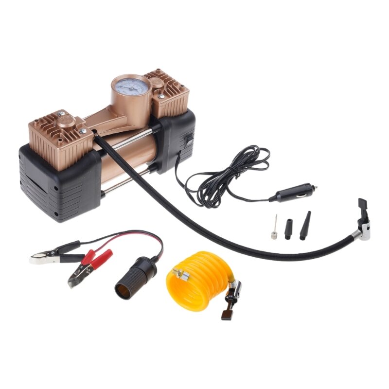 Двухцилиндровый высокоскоростной воздушный компрессор 12V для быстрого накачивания шин золотистого цвета Идеально подходит для автомобилей и мотоциклов