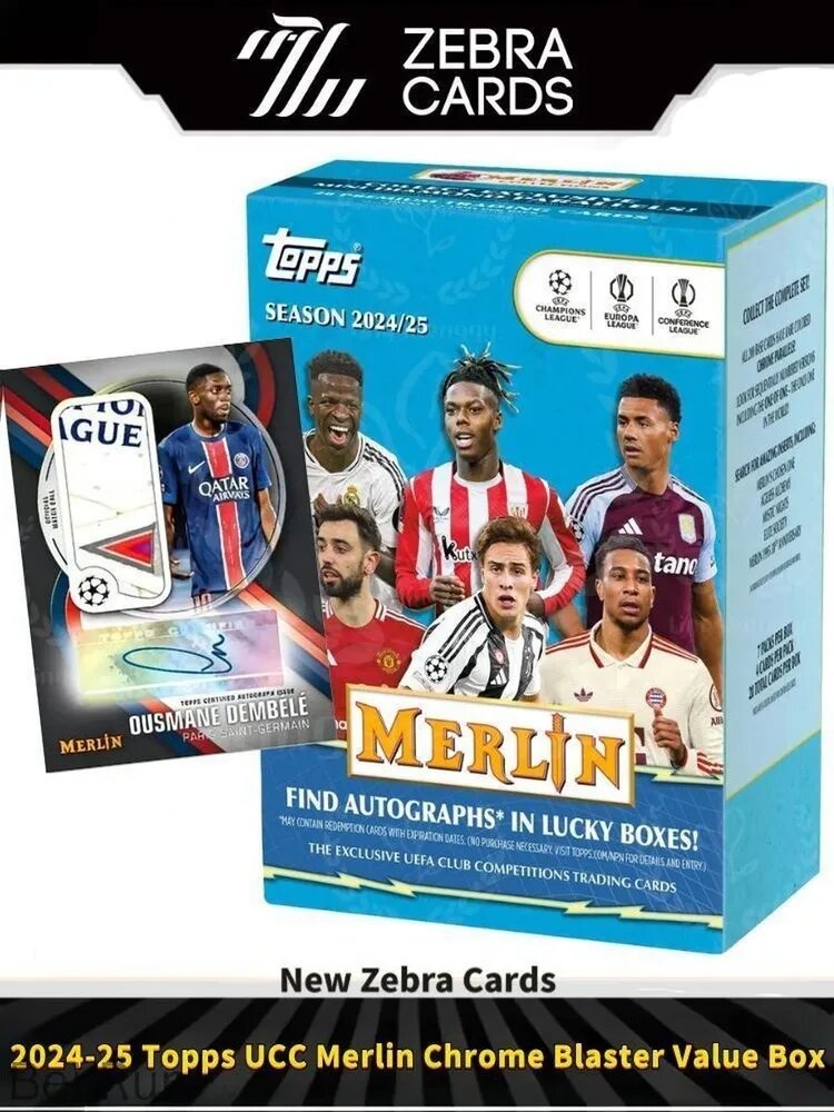 2024-25 Topps UEFA Club Competitions Merlin Chrome Soccer Blaster Value Box - содержит 7 упаковки (28 карточек)
