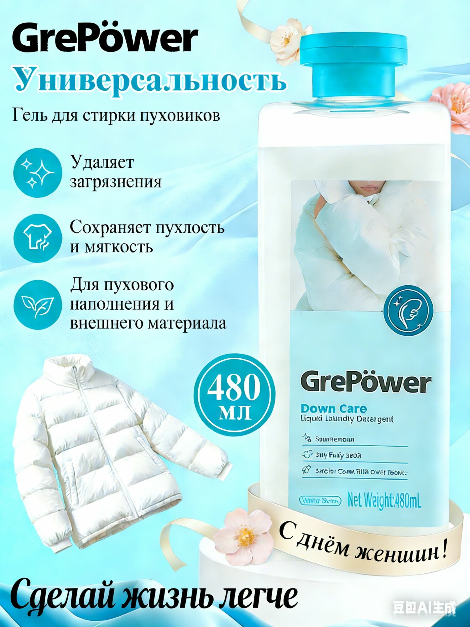 GrePower гель шампуль для стирки пуховиков, средство для стирки пуховиков и курток, одеял, подушек, изделий из синтепона и пера