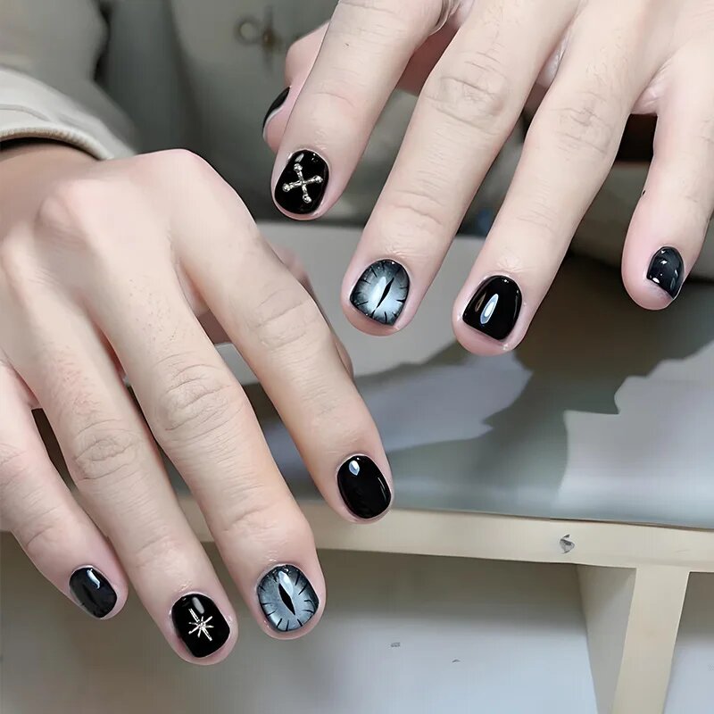 24 шт. мужских накладных ногтей «Глаз дьявола», «Кошачий глаз», короткие, чисто черные, металлические, с крестом, накладные типсы, подходят для мальчиков