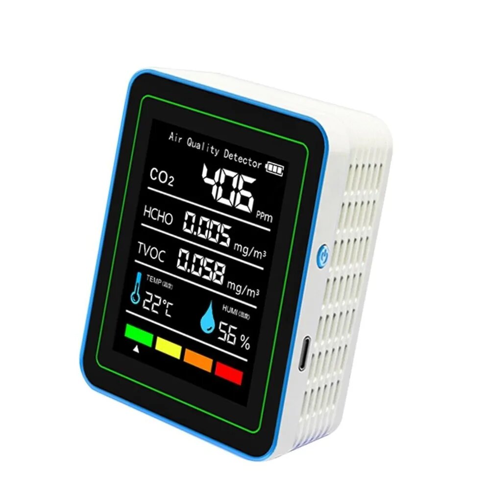 Монитор качества воздуха для дома, белый с синим экраном, контроль CO2 TVOC HCHO, 140мм
