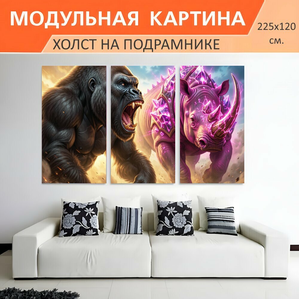 Модульная картина на холсте "Горилла и носорог в битве. Драматичная фантазийная сцена: разъярённая обезьяна и кристаллический зверь." триптих на подрамнике 225х120 см. для интерьера