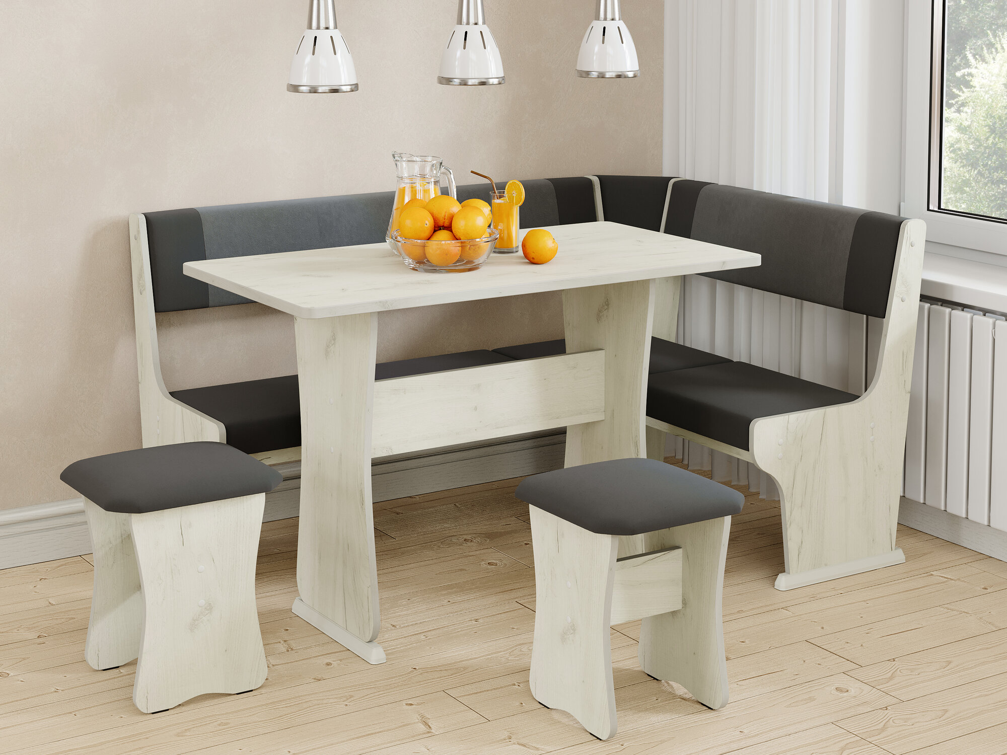 Кухонный уголок Карелия Тип 1 Дуб Крафт белый/ТК Темно-серая_Светло-серая (Вивальди 37-7)