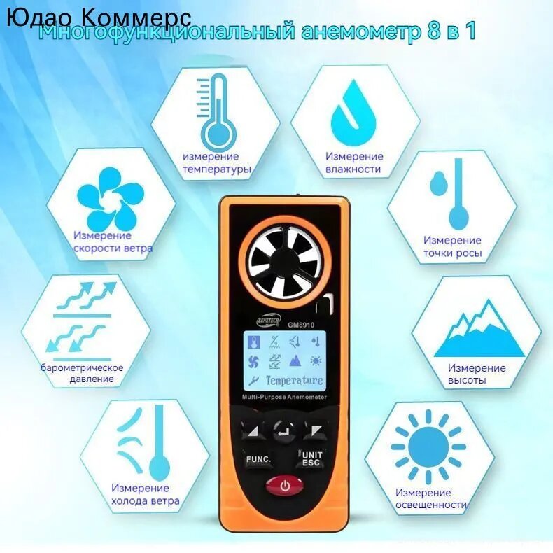 Метеостанция Benetech GM8910 многофункциональный анемометр 8 в 1 для измерения скорости, температуры, влажности и др. Черный