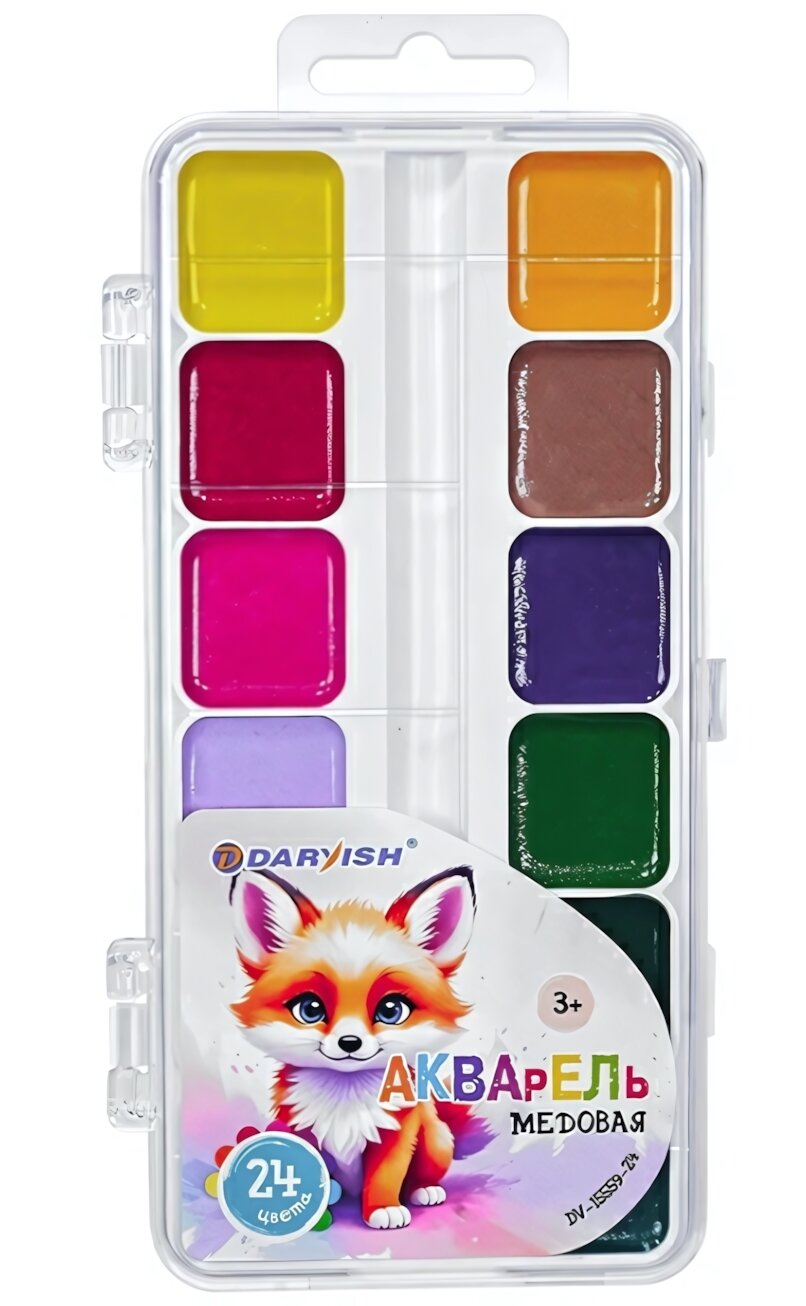 Акварель медовая "Лисёнок" Darvish, 24 цвета, яркие насыщенные пигменты для творчества, пластиковый пенал