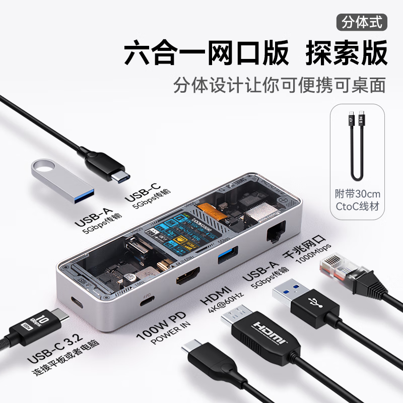 DOCKCASE Многофункциональная Type-C док-станция с 6 гигабитными Ethernet портами для MacBook HDMI 4K 60 Гц