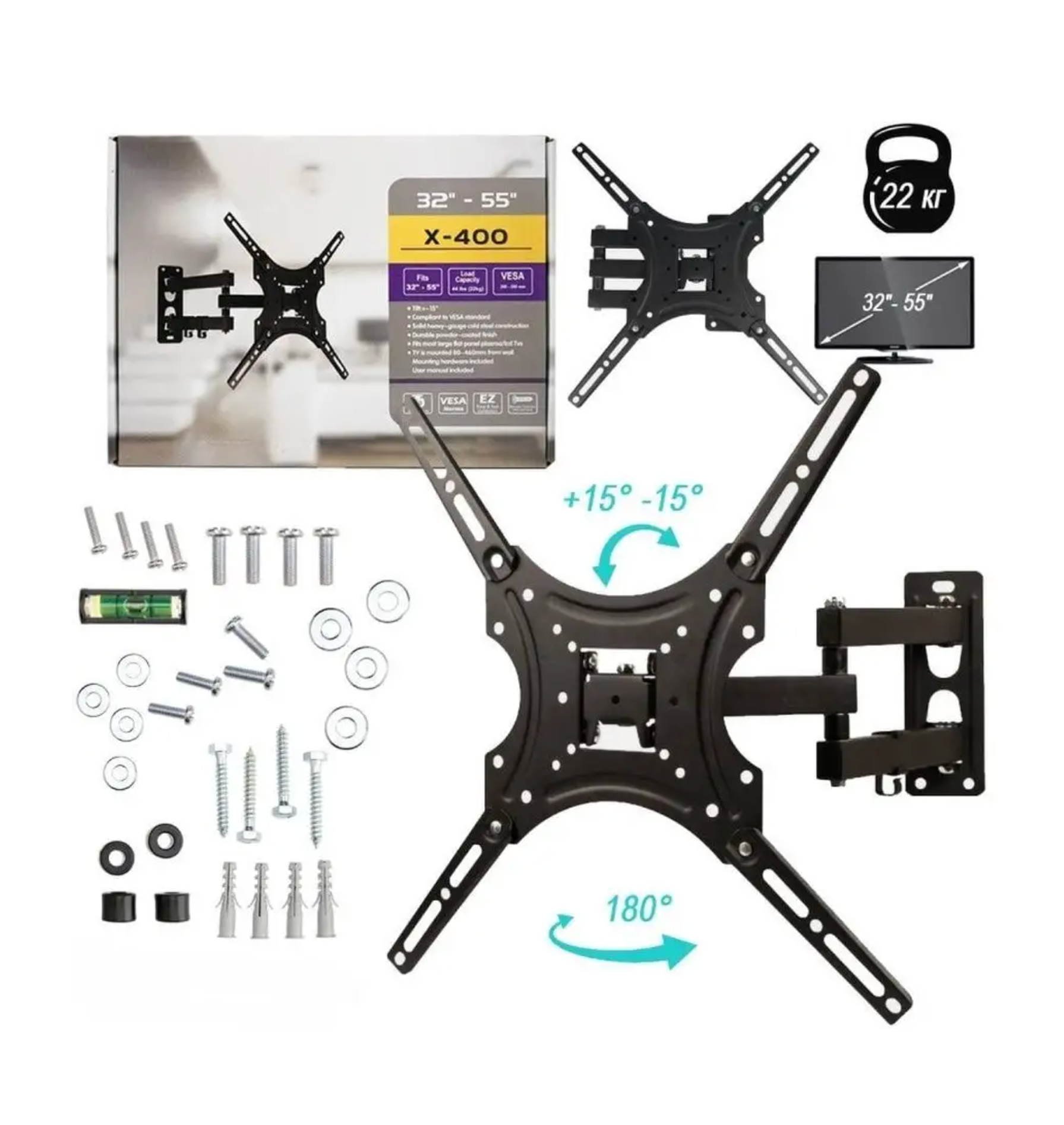 Кронштейн наклонно-поворотный X-400, для ТВ, 32"-55", 4 степени свободы, черный