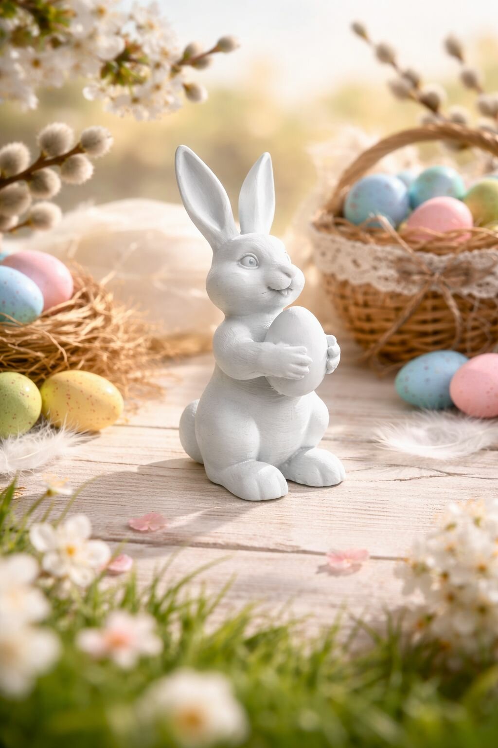 Фигурка кролика в руках яйцо