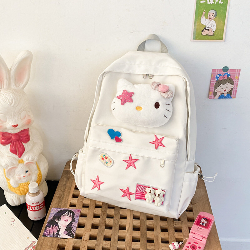 Рюкзак Y2K Cute Ins, для девочек, мягкий, белый，Белый рюкзак с Hello Kitty для школьников милый дизайн