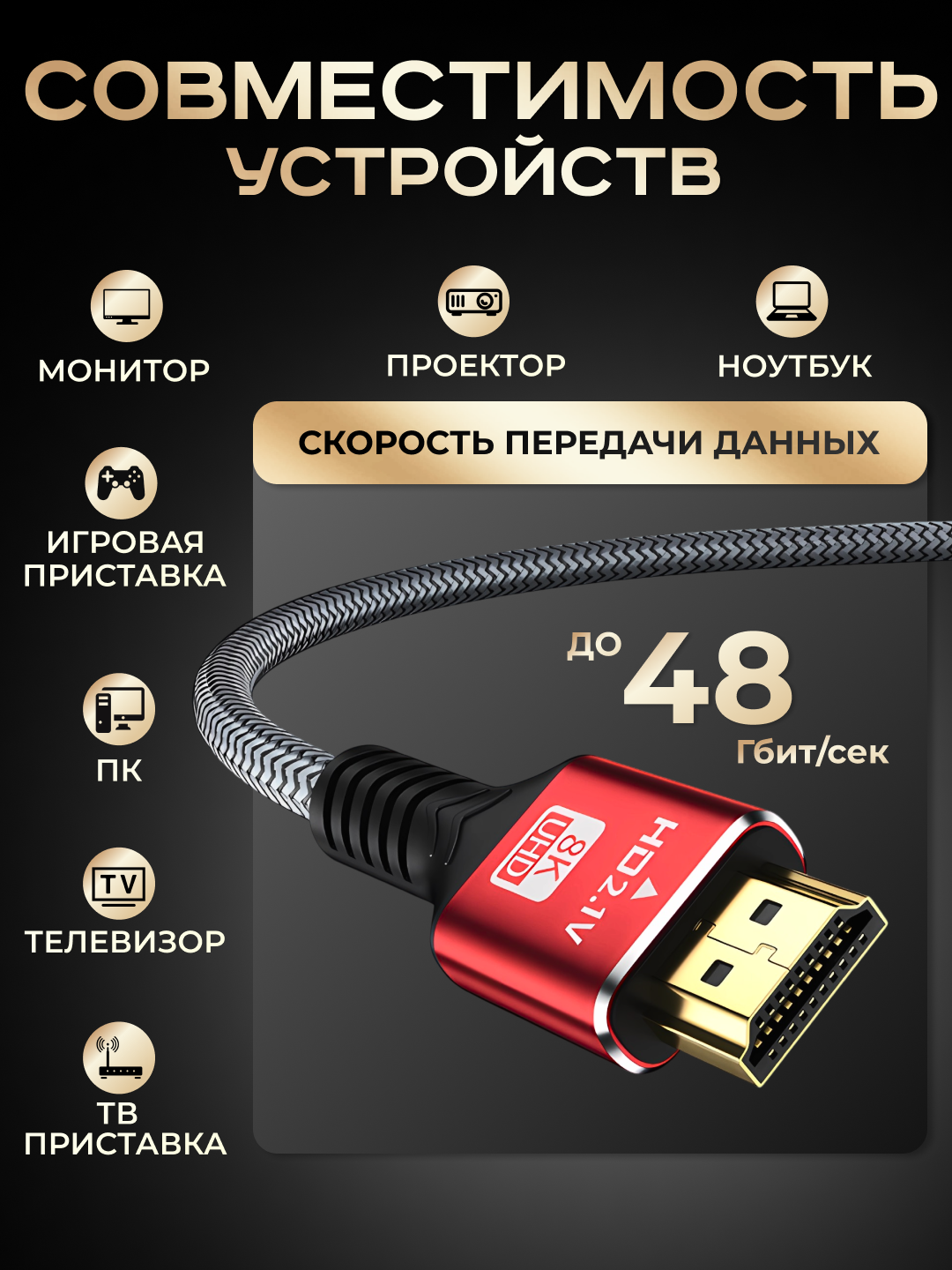 Кабель HDMI 2.1, 8K 60 Гц / 4K 120 Гц, шнур для телевизора, приставки, 48 Гбит/с, 3 метра
