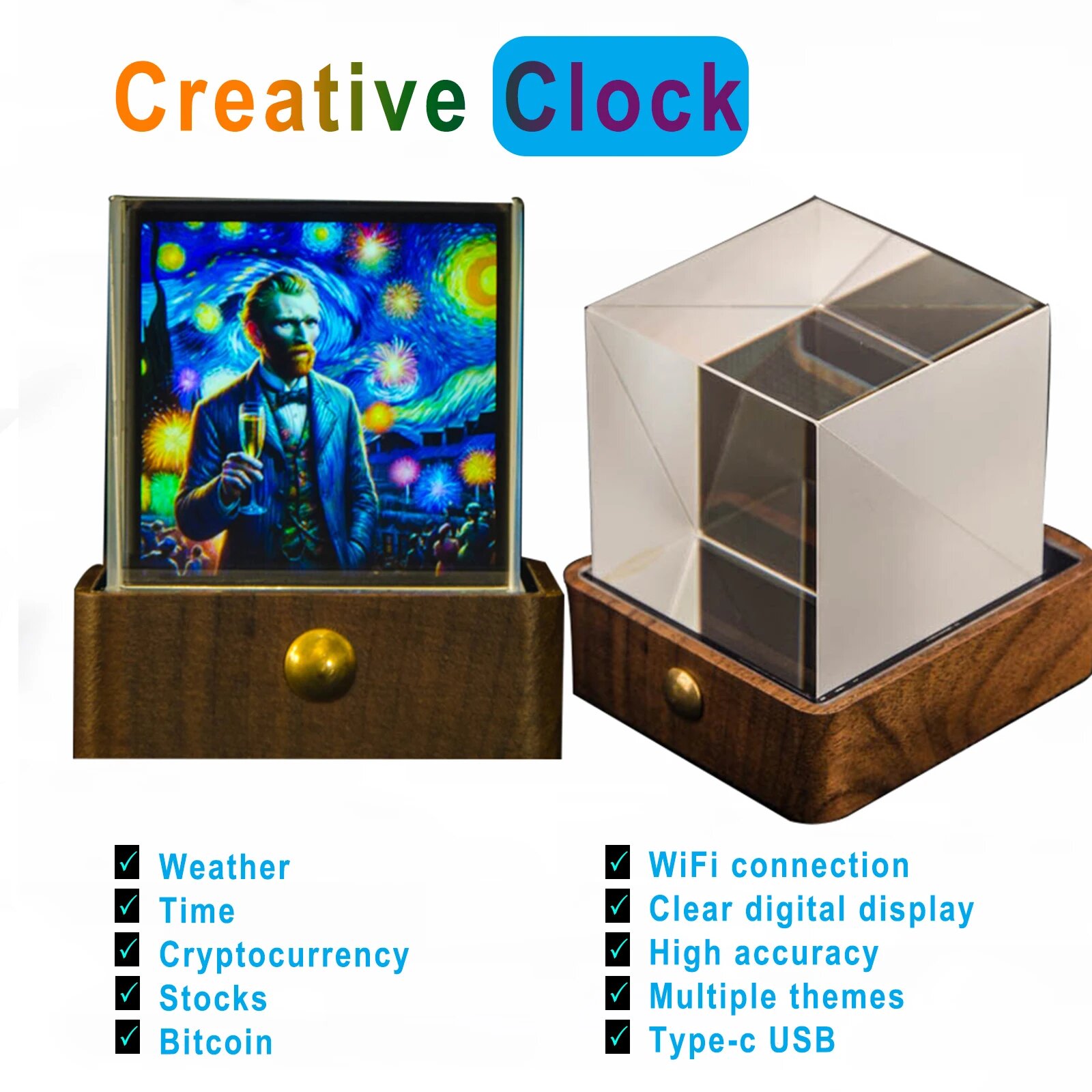 Хрустальные часы, биткойн, трекер по акции, кикер, криптовалюта, настольный гаджет в реальном времени, BTC ETH DOGE, погодные часы