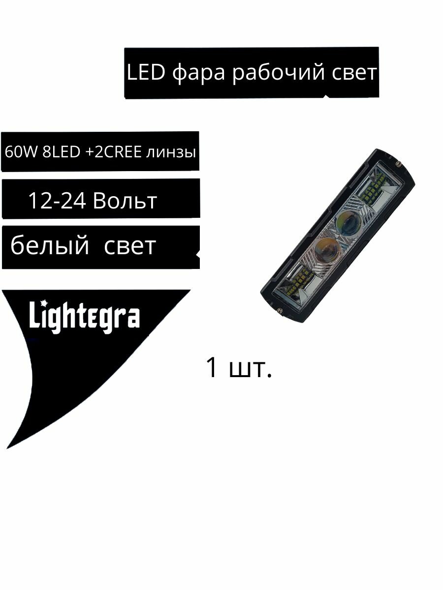 Фара светодиодная автомобильная рабочего света 60W 8LED +2CREE линзы 12-24 Вольт 160х50х45